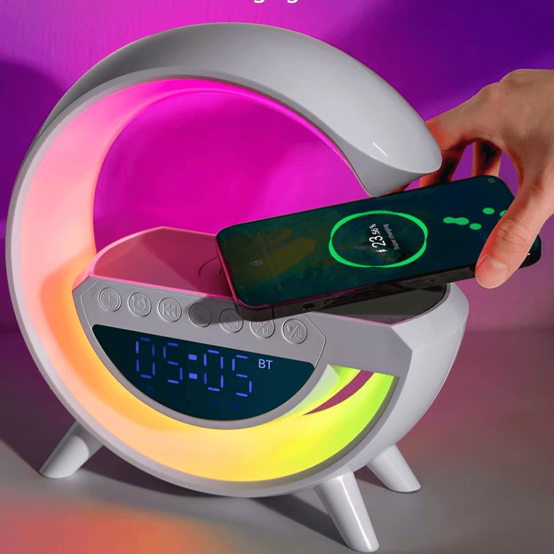 Lampă LED Cu Ceas, Boxă Cu Bluetooth Și Încărcător Wireless – OferteTOP.ro